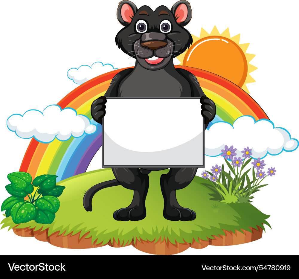 Smiling panther holding a blank sign outdoors Vector Image