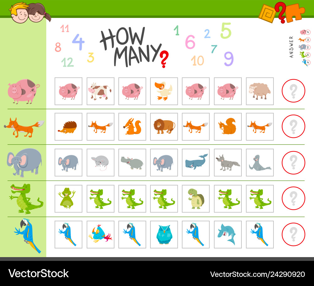 Counting task with cartoon animals Royalty Free Vector Image