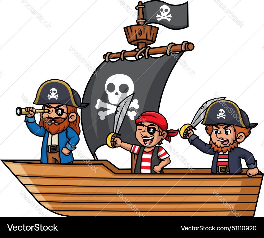 Pirate crew aboard a ship with black sails cartoon
