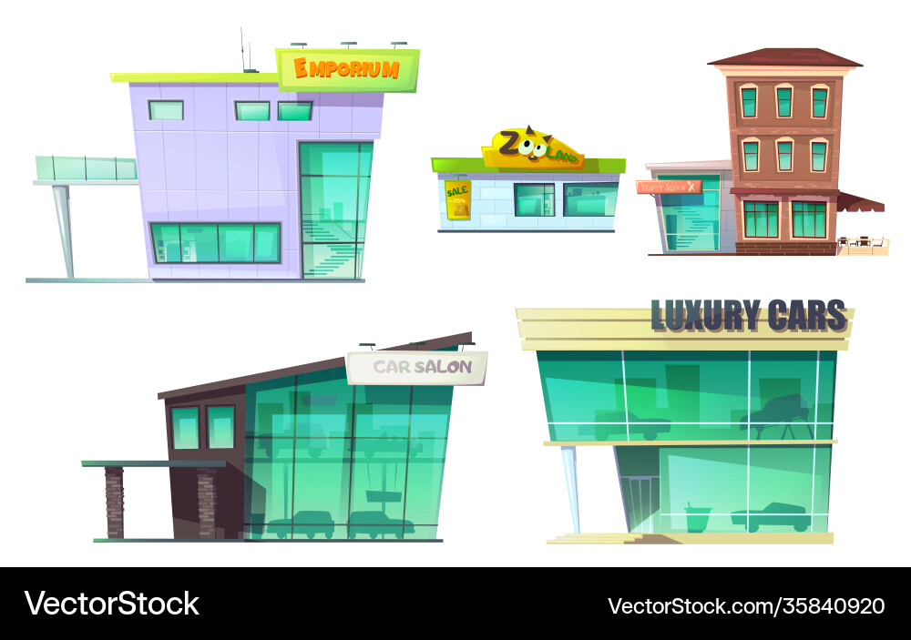Urban retro modern building cartoon set Royalty Free Vector