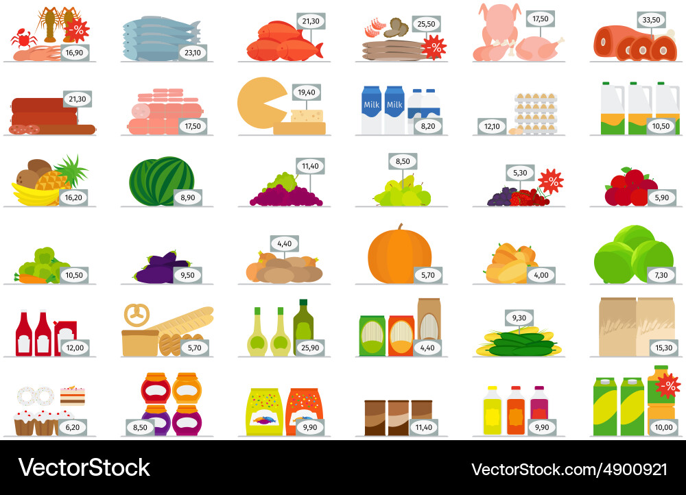 Food market flat icons Royalty Free Vector Image