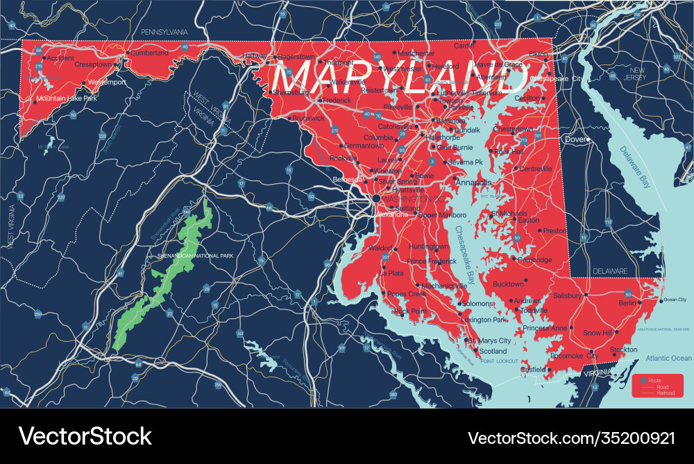 Maryland state detailed editable map Royalty Free Vector