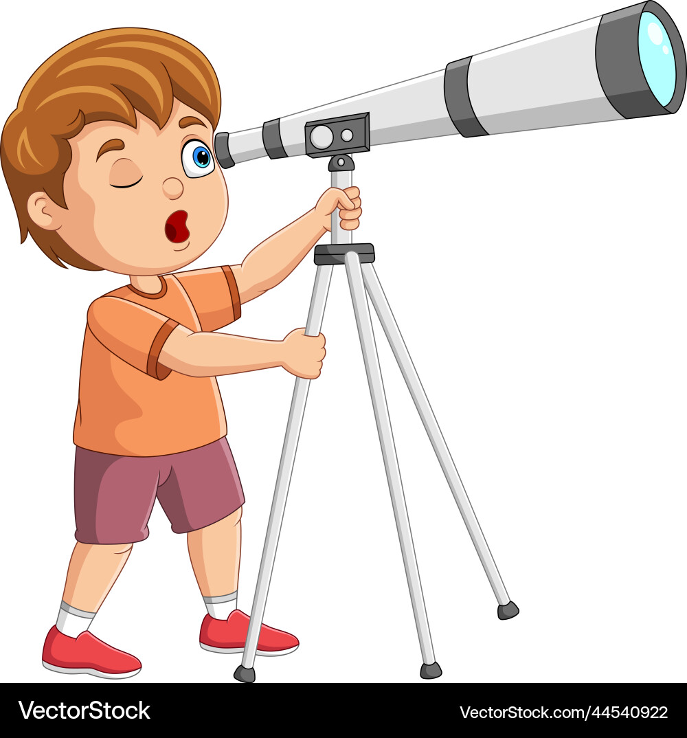 Cartoon little boy looking through a telescope Vector Image