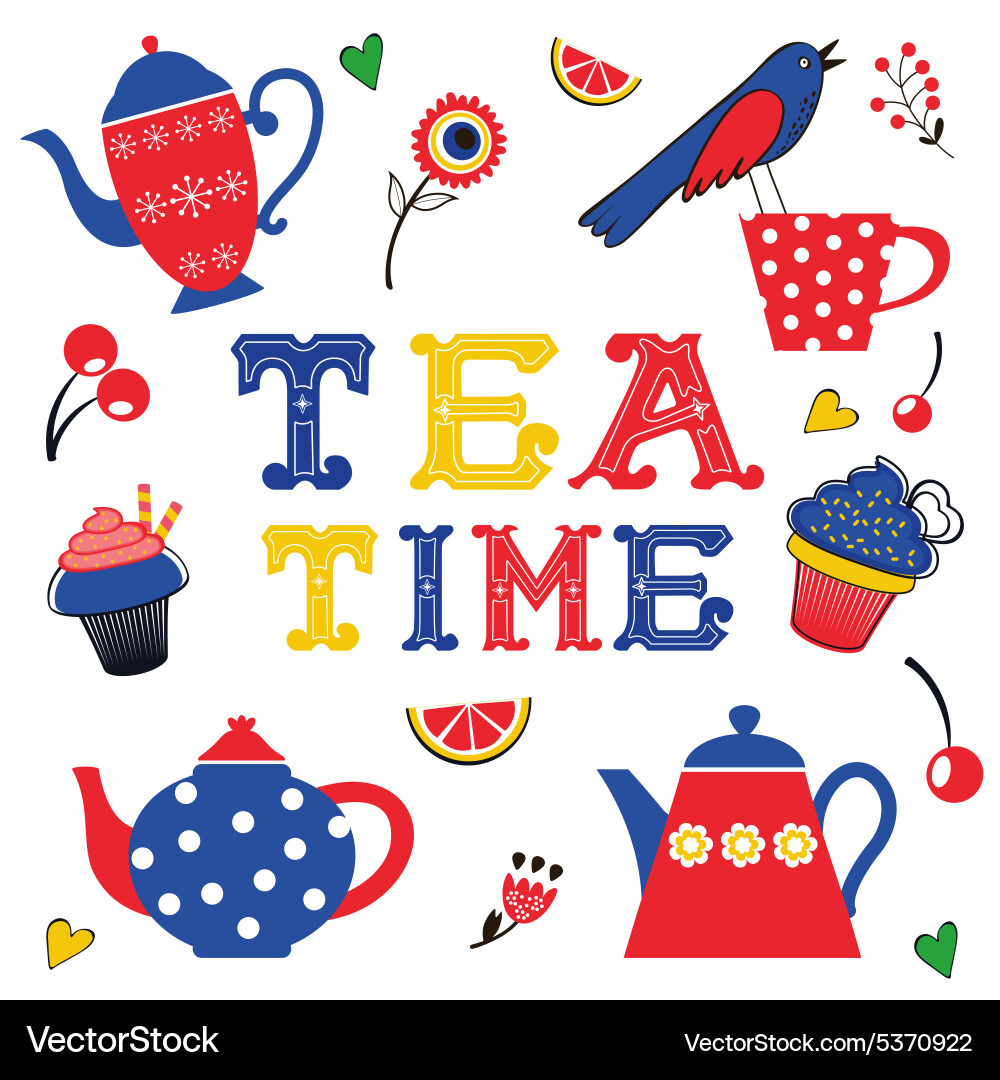 Colorful tea party set Royalty Free Vector Image