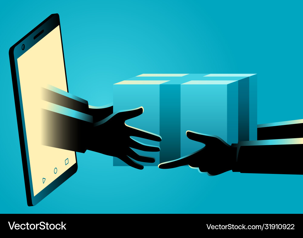 Hands come out a smart phone screen delivering Vector Image