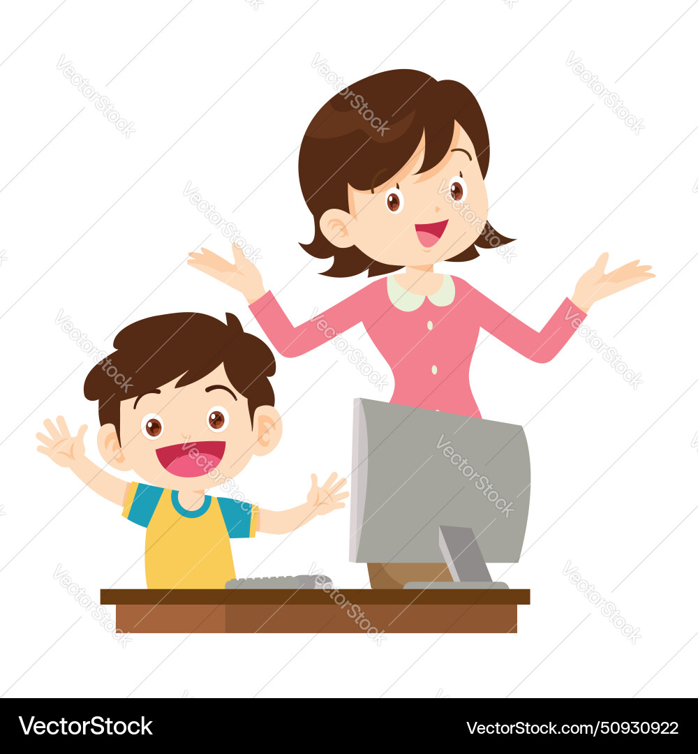Happy teacher and student learning computer Vector Image