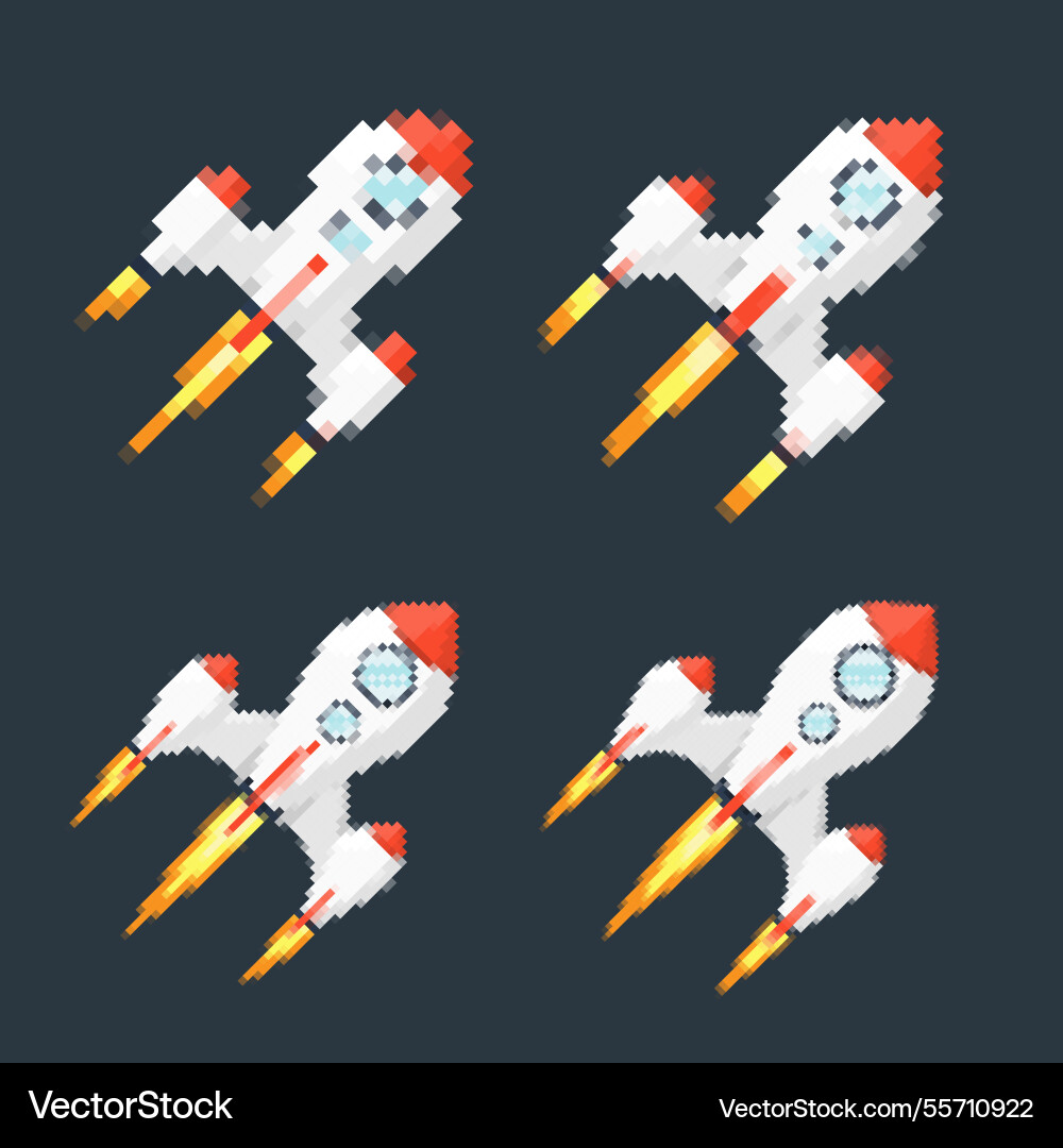 Pixel art rocket with fiery trails retro games Vector Image