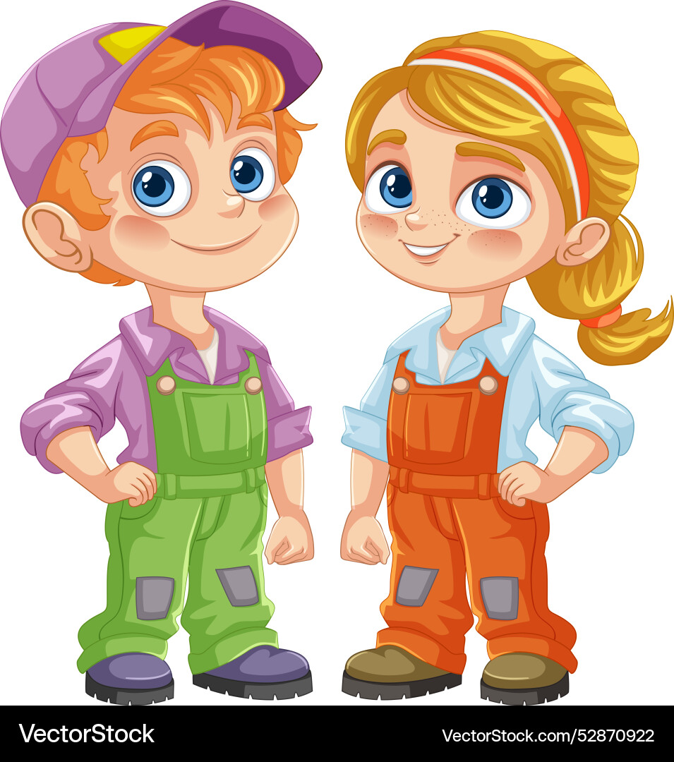 Two smiling kids in colorful overalls Royalty Free Vector