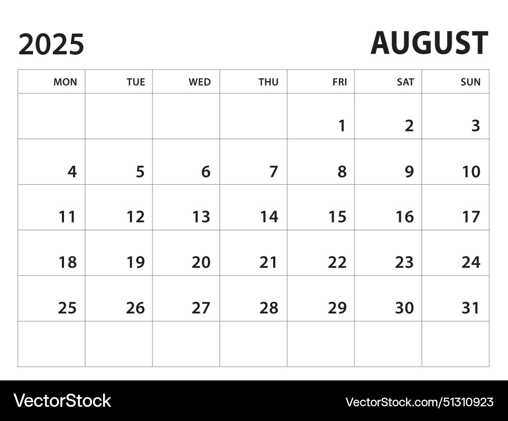 Calendar 2025 template - august Royalty Free Vector Image