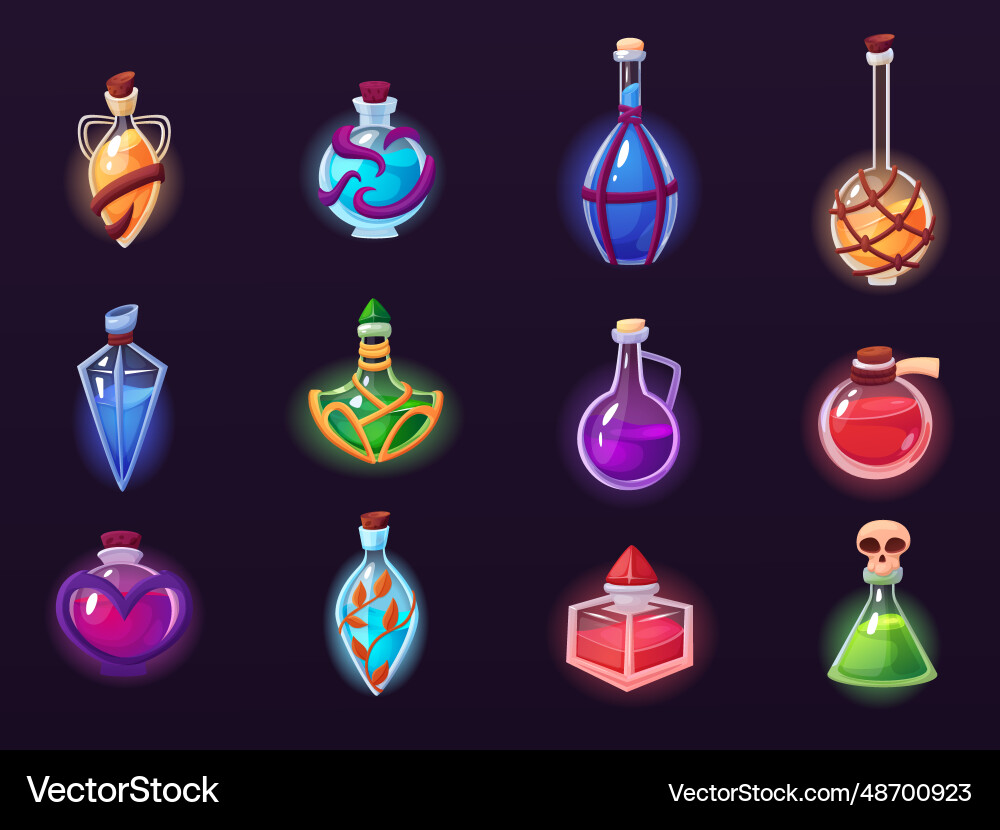Cartoon poison bottles potion vial liquid magic Vector Image