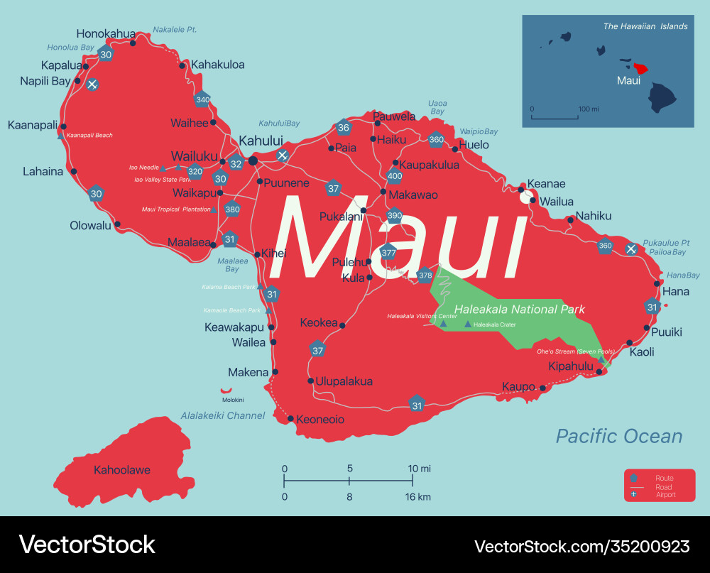 Maui Insel detaillierte Karte Lizenzfreies Vektorbild