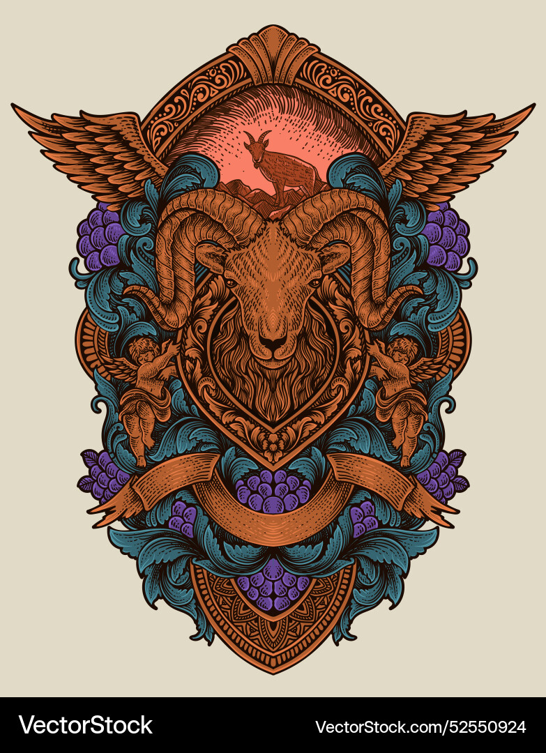 Goat head with antique engraving ornament Vector Image