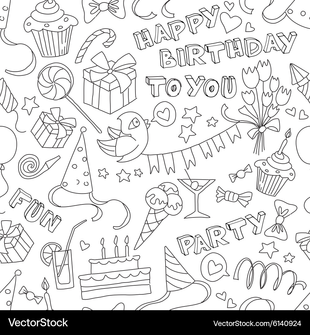 Happy birthday party doodle black and white Vector Image