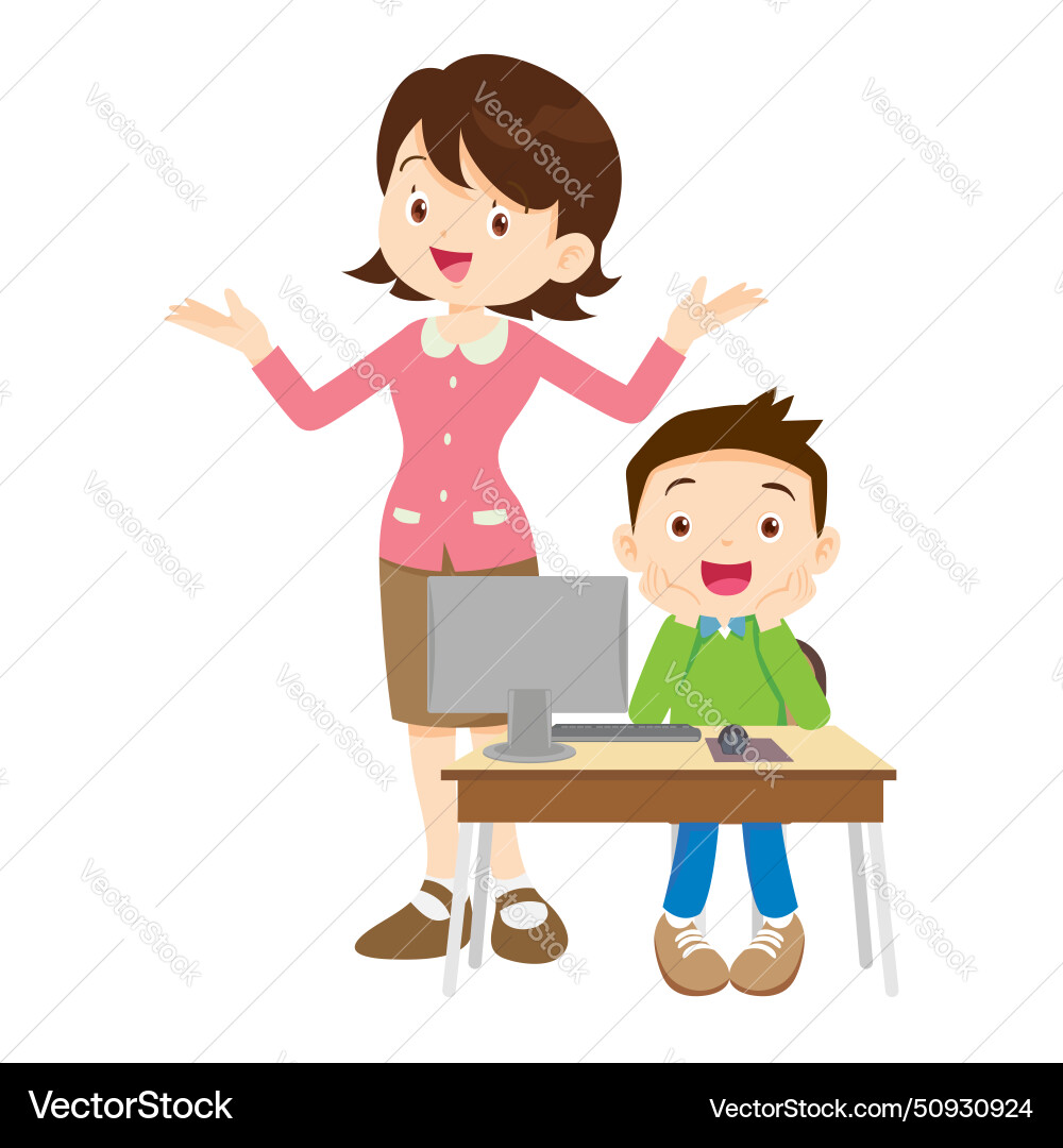 Happy teacher and student learning computer Vector Image