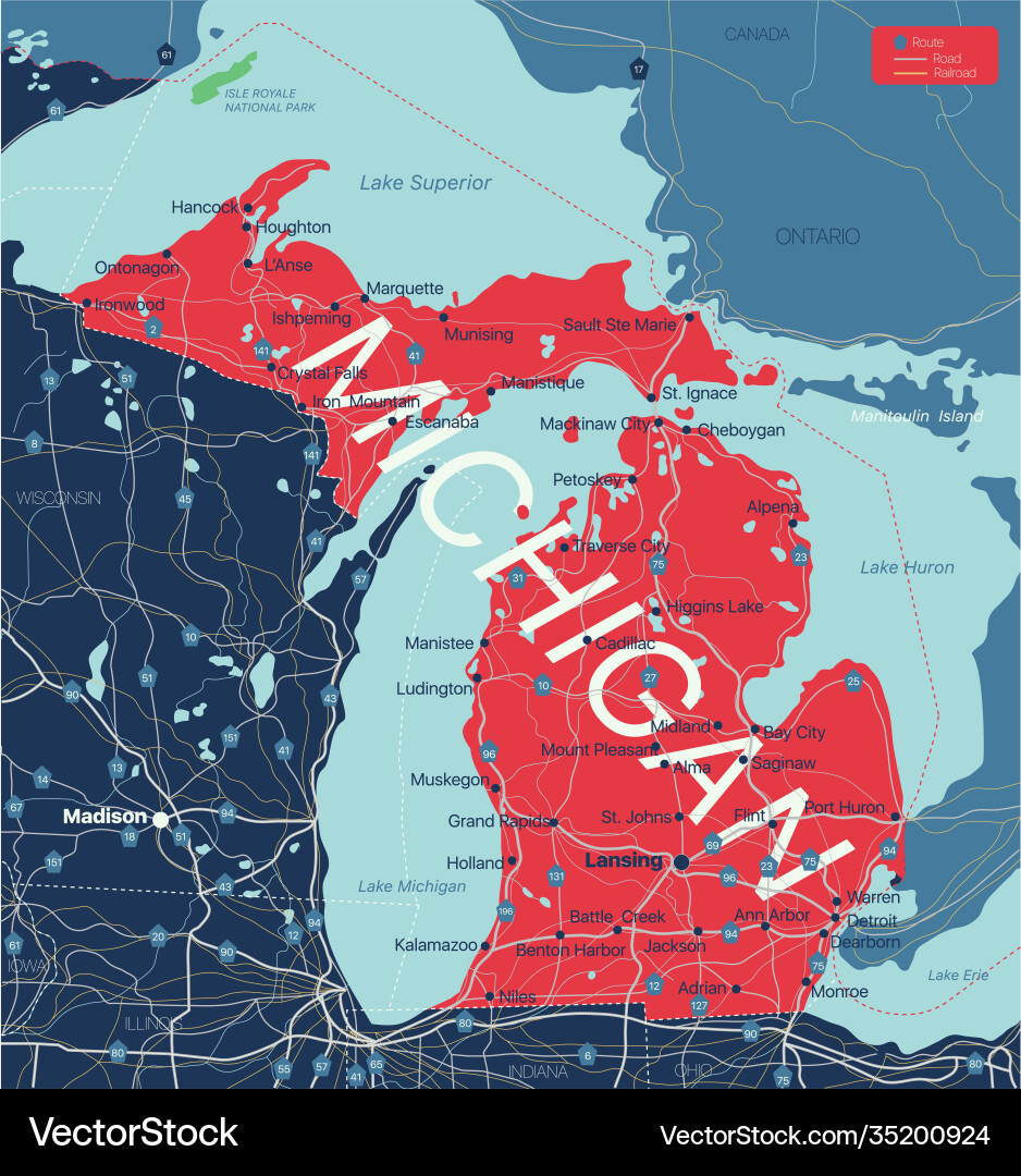 Michigan state detailed editable map Royalty Free Vector