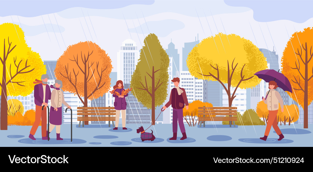 People in fall season walking park under tree Vector Image