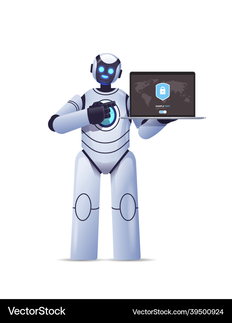 Robot cyborg holding laptop with protection shield