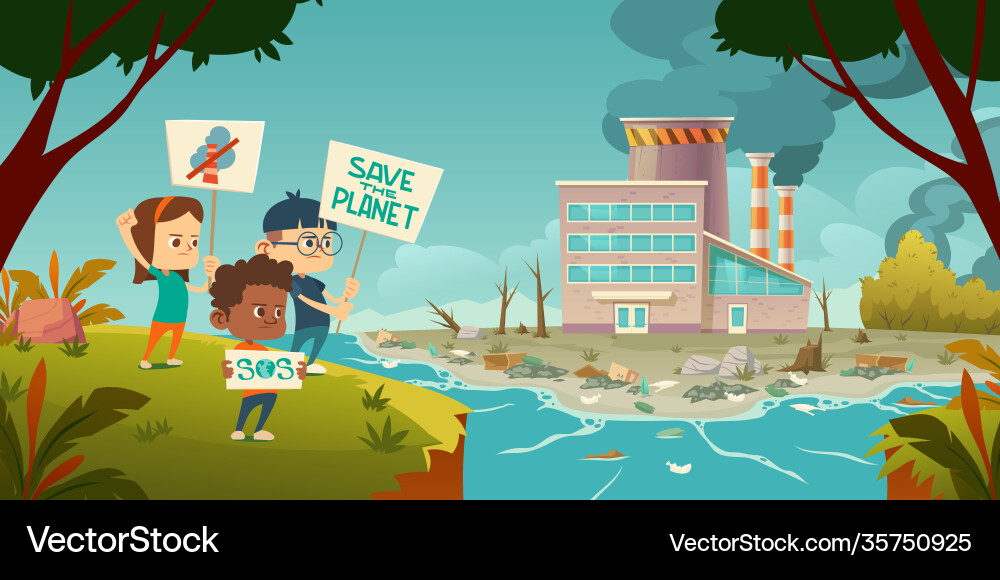 Eco protest kids with save planet banners strike Vector Image