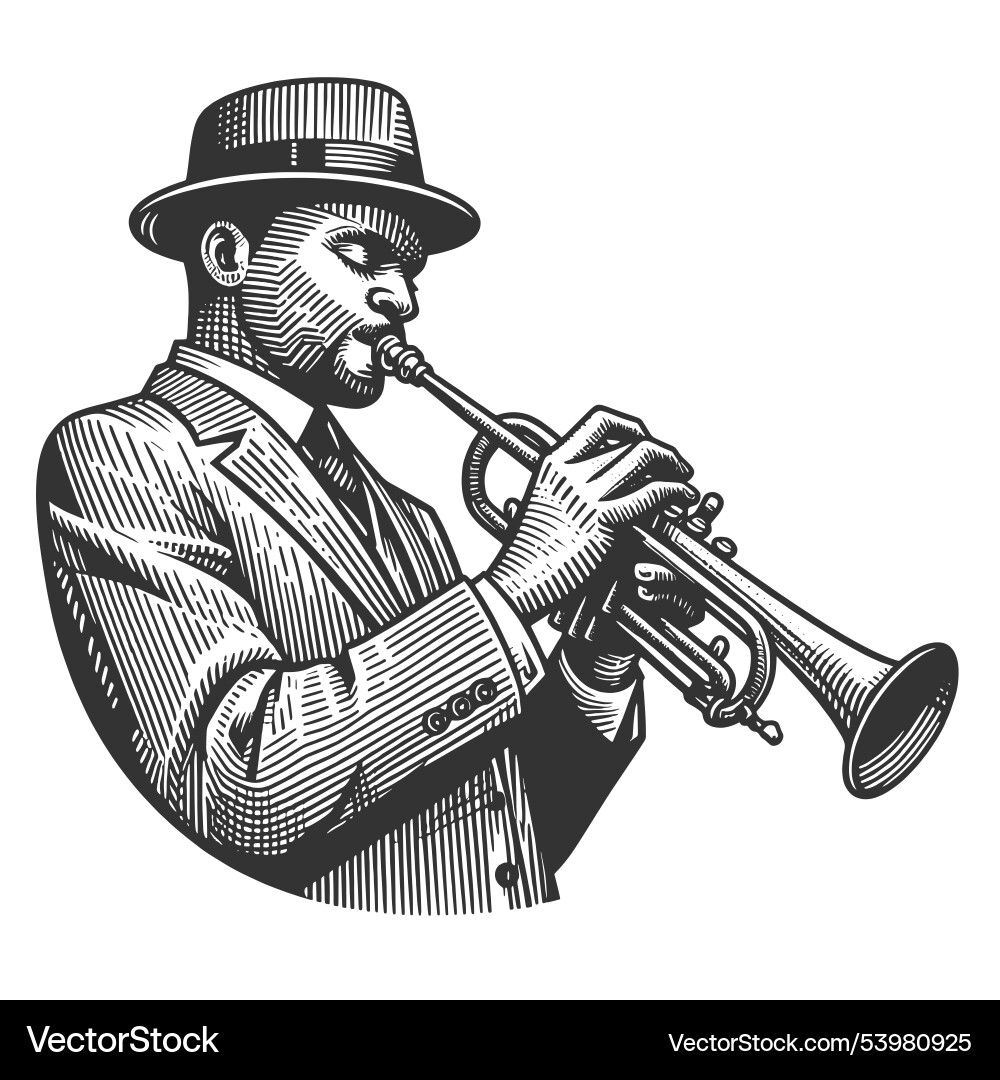 Jazz trumpet player engraving Royalty Free Vector Image