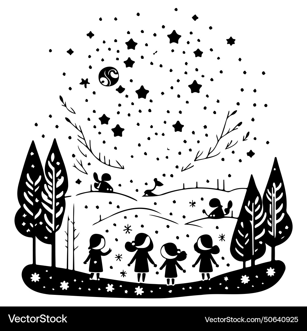 Winter forest watching shooting stars sketch draw Vector Image