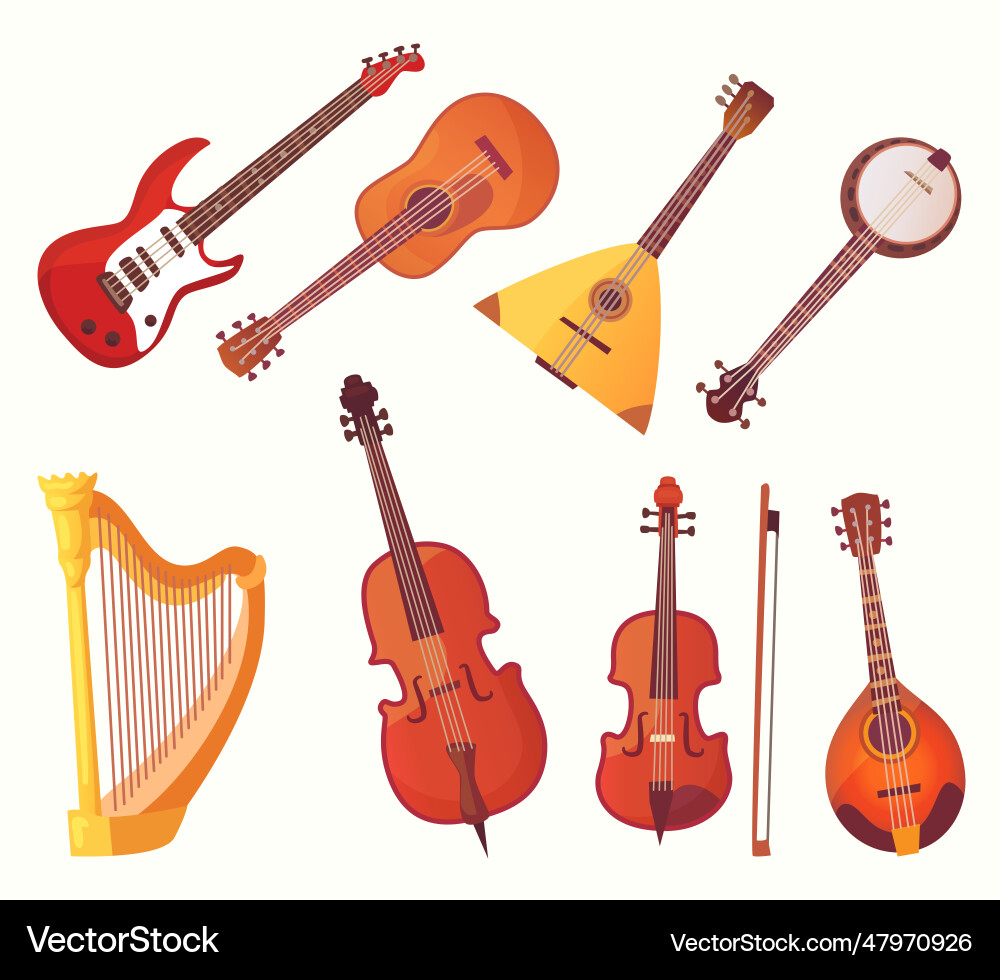 Cartoon musical instruments guitars music Vector Image