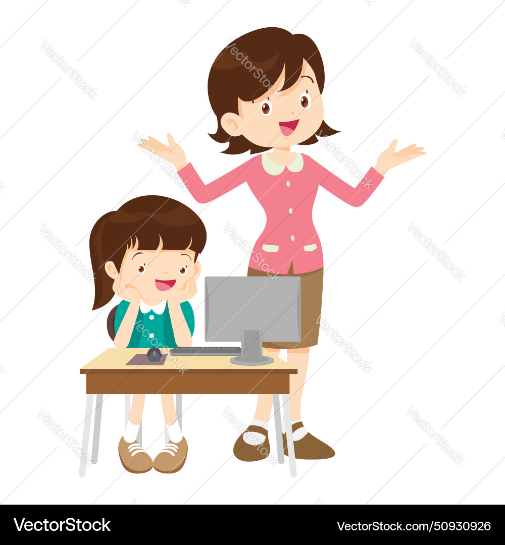 Happy teacher and student learning computer Vector Image