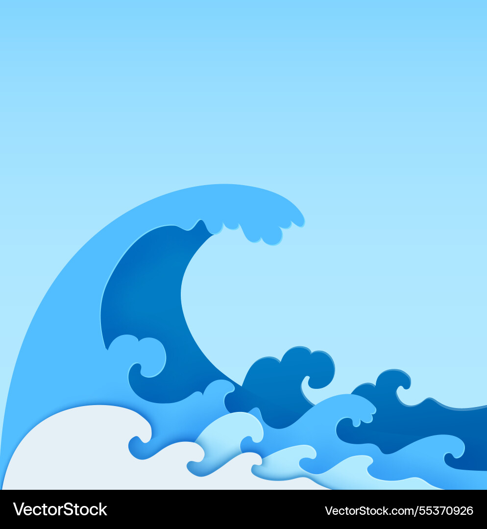 Paper cut sea tsunami wave 3d background Vector Image