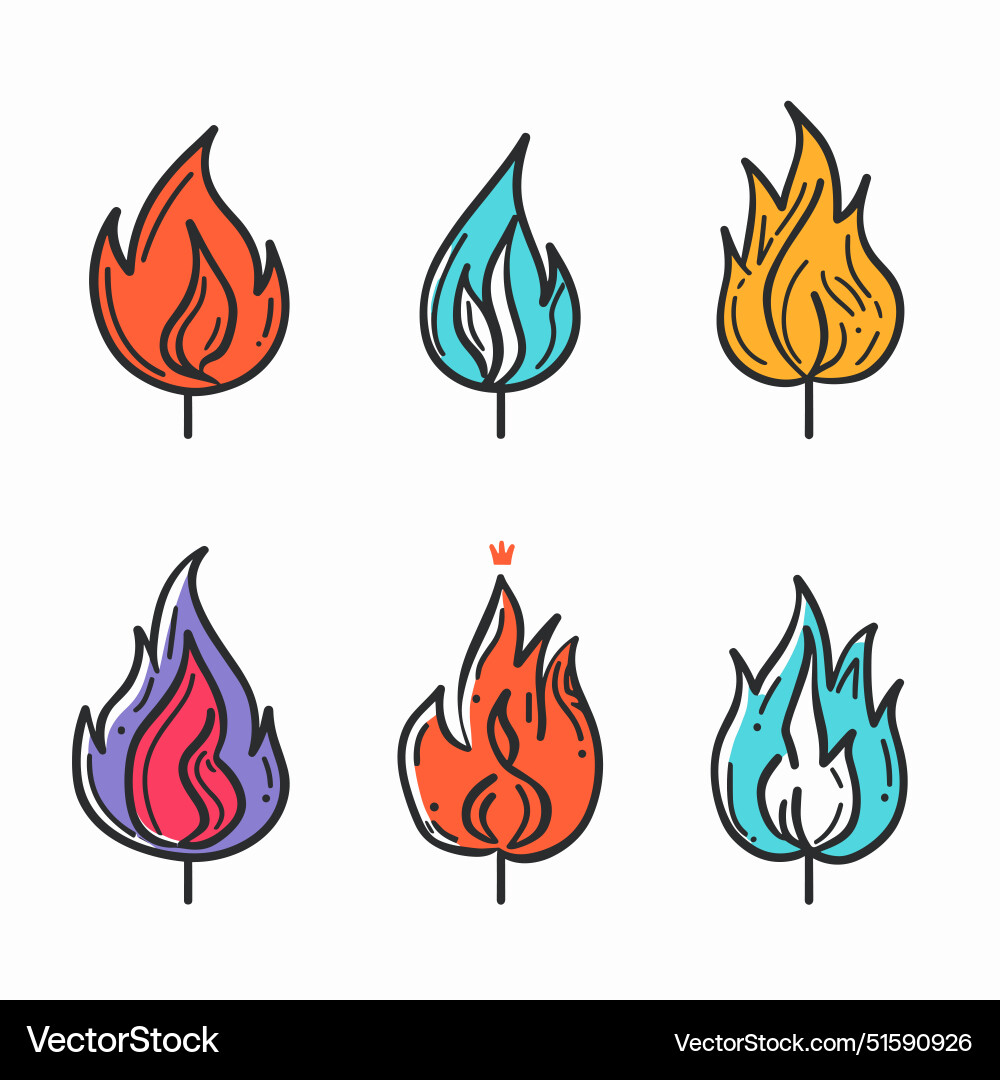 Set six colorful flame icons representing fire Vector Image