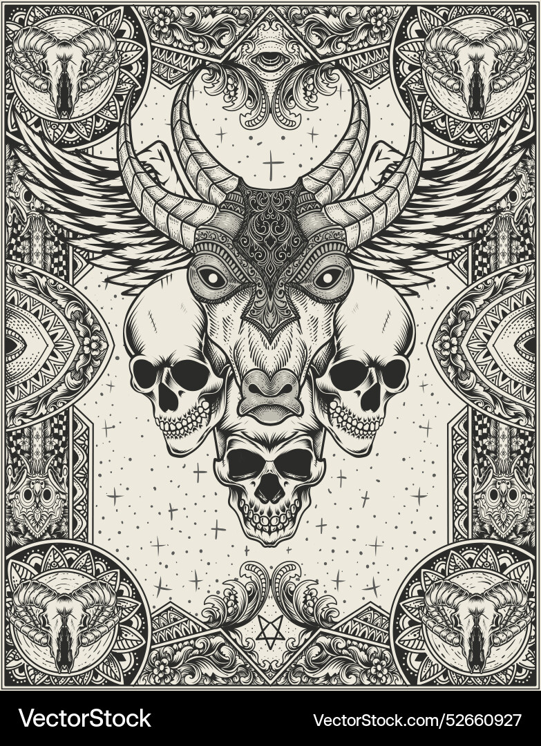 Cow head with skull and engraving ornament Vector Image
