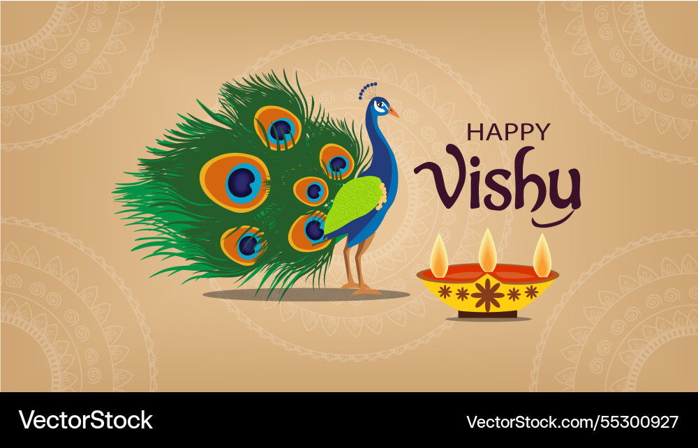 Happy Vishu Peacock und Diya Logo Lizenzfreies Vektorbild