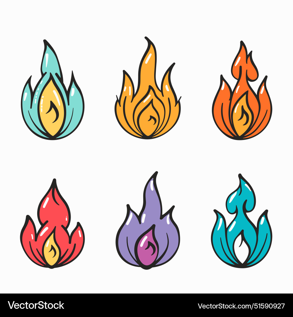 Six stylized flames various colors looking Vector Image