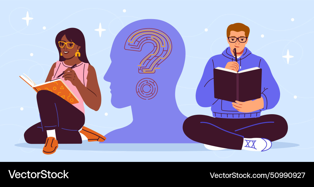 Two people studying with a stylized question mark Vector Image