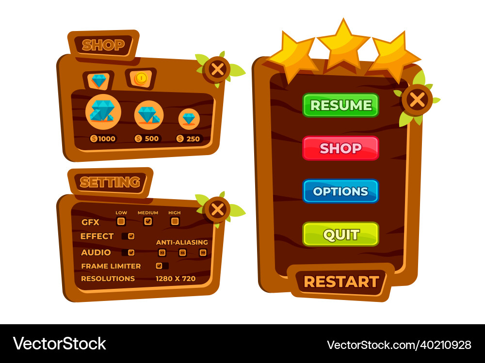 Complete set of level button game pop-up icon Vector Image