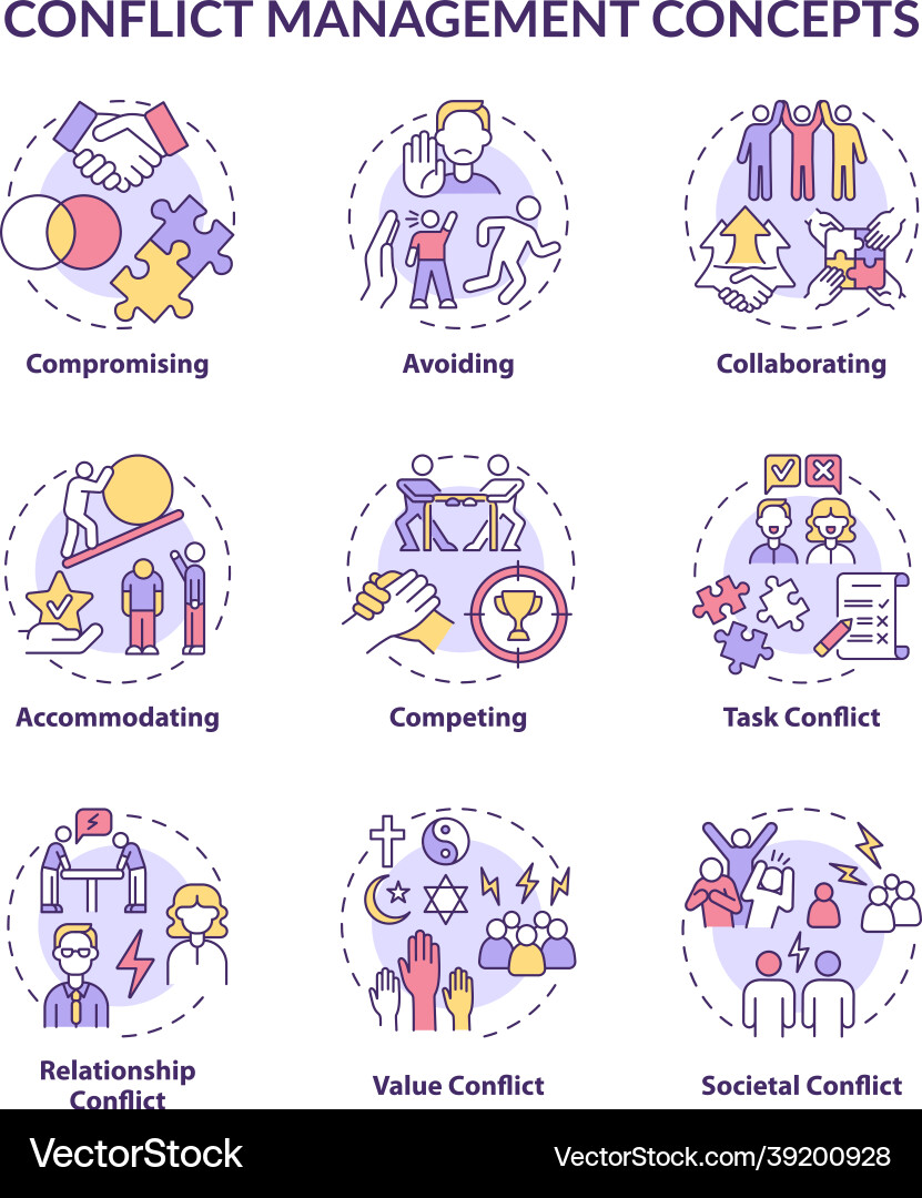 Conflict management concept icons set Royalty Free Vector