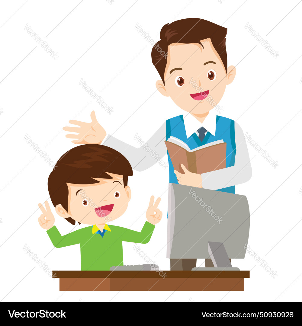 Happy teacher and student learning computer Vector Image