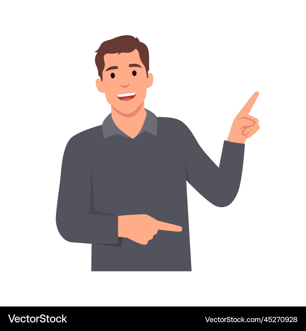 Young man pointing away hands together Royalty Free Vector