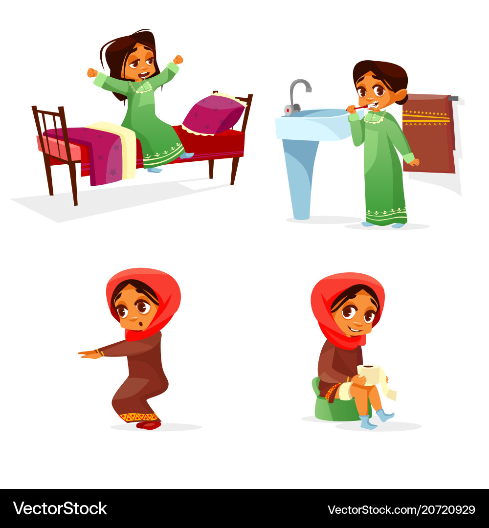Arab girl daily morning routine activity Vector Image