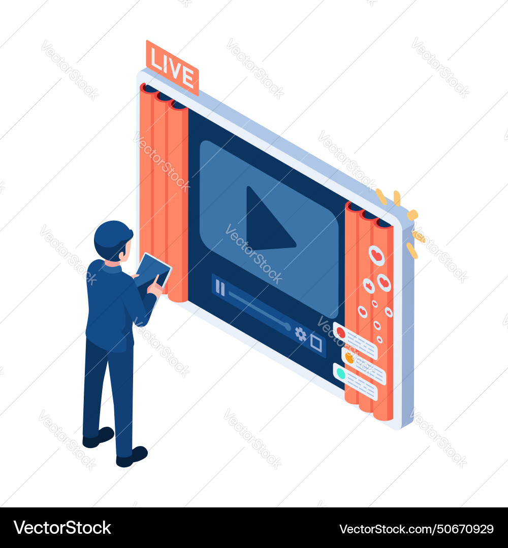 Isometric businessman watching live streaming Vector Image