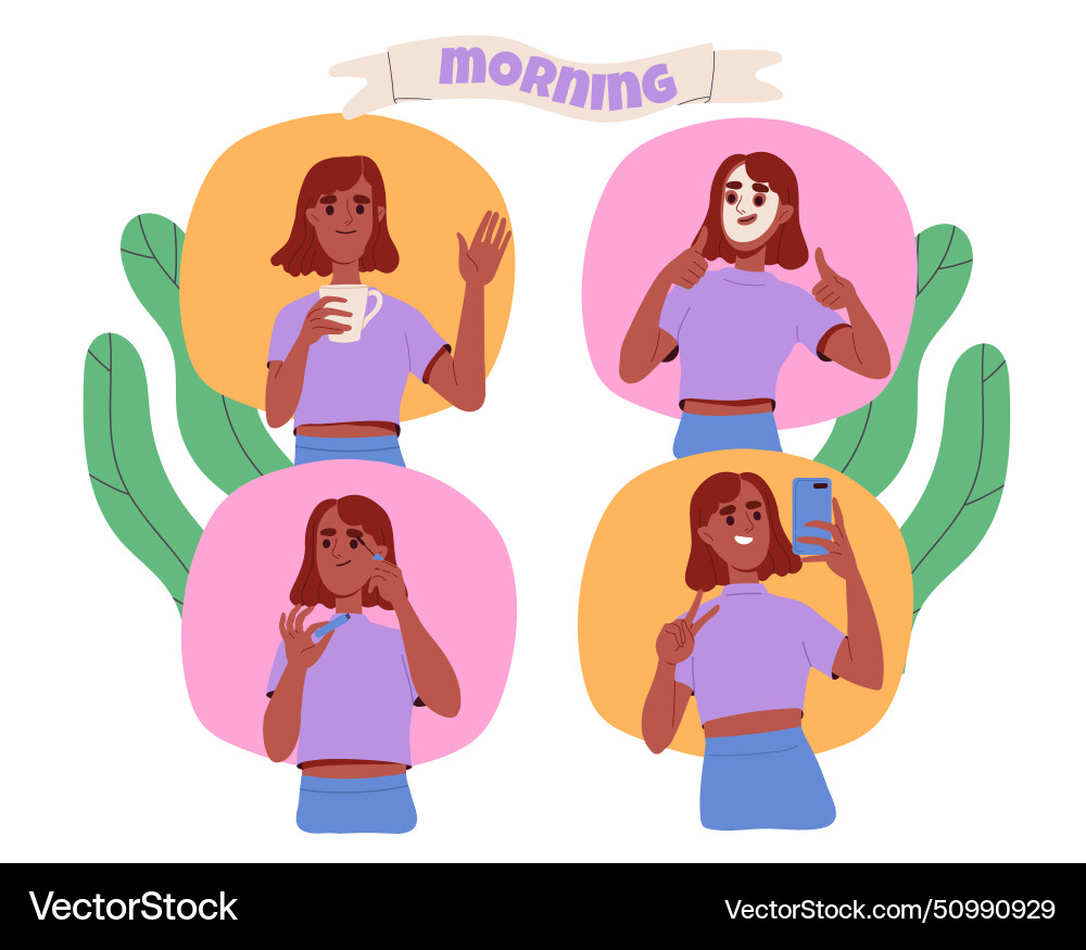 Woman performing various morning routine actions Vector Image