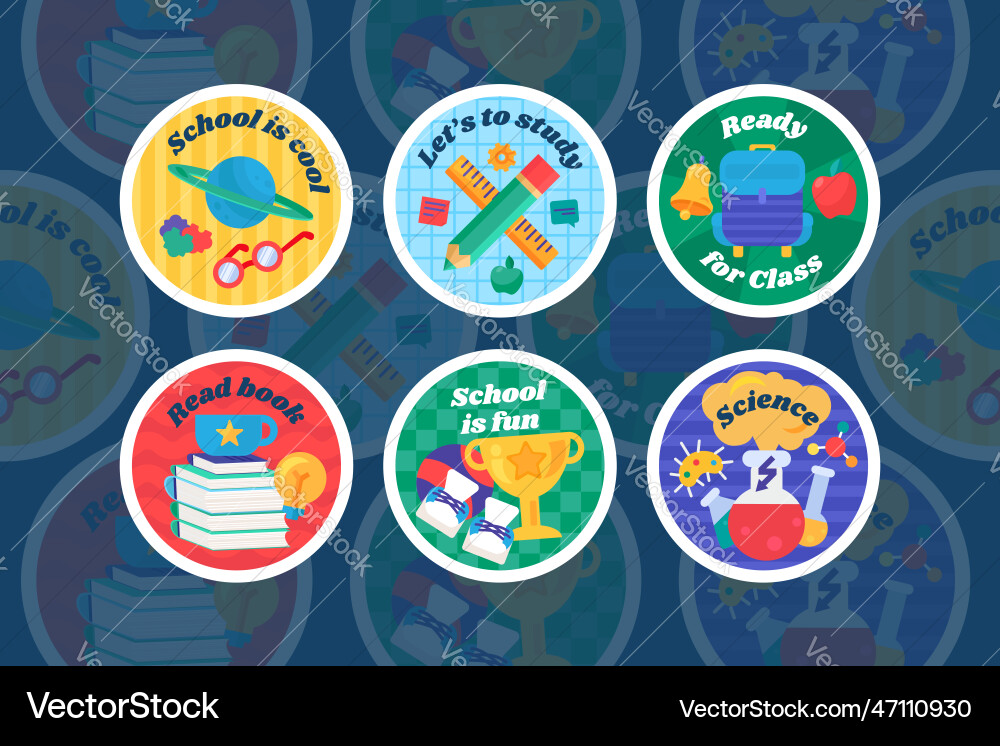 Cartoon school round sticker set Royalty Free Vector Image