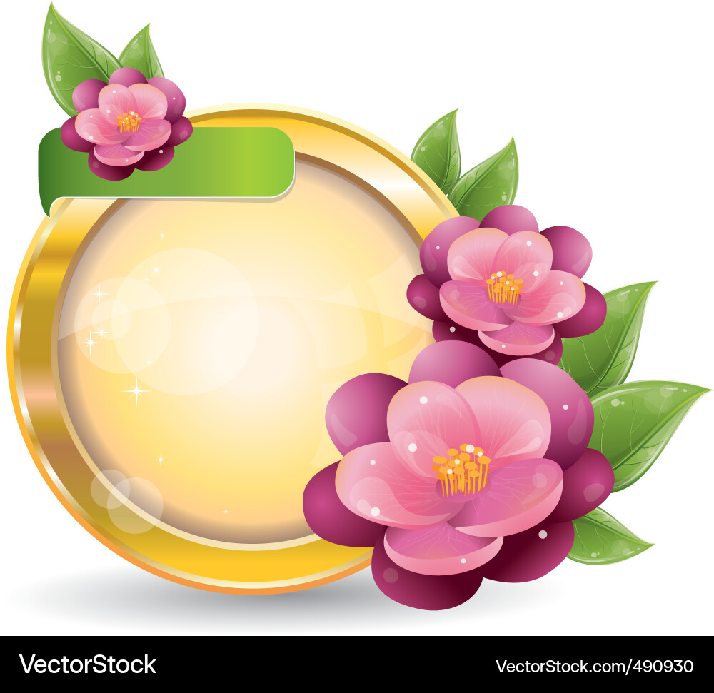 Gold circle frame with violet flowers Royalty Free Vector