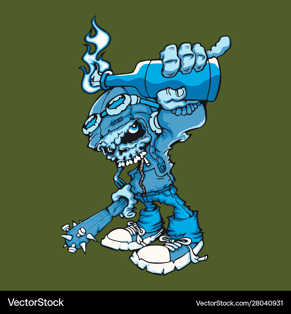 Blue skeleton is holding a mace and gas Royalty Free Vector
