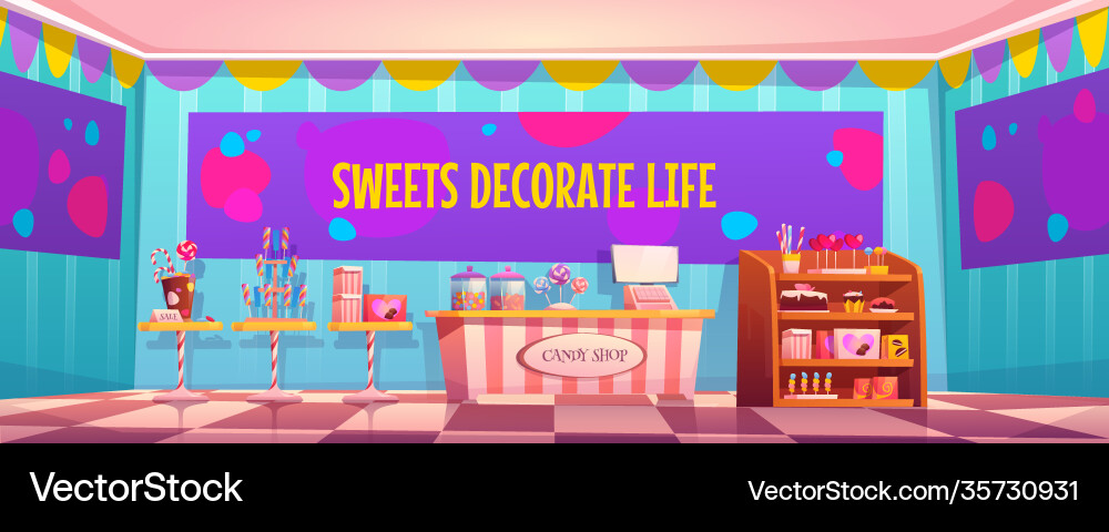 Candy shop empty interior with various pastry Vector Image