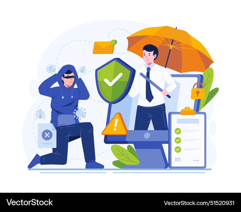 Cyber insurance a male agent protects Royalty Free Vector