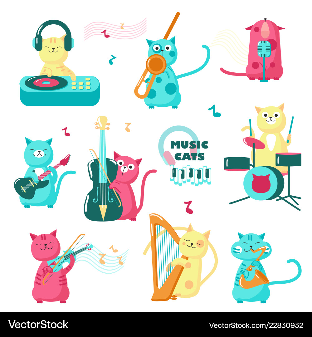 Cute funny music cats isolated Royalty Free Vector Image