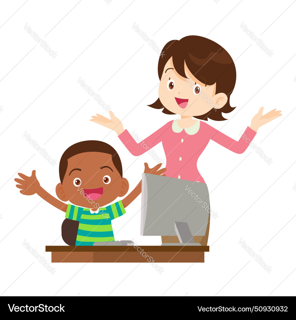 Happy teacher and student learning computer Vector Image