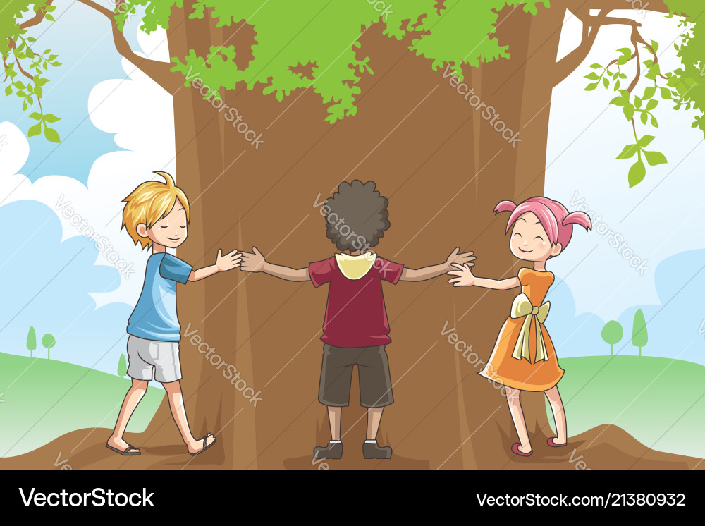 Kids hugging tree Royalty Free Vector Image - VectorStock