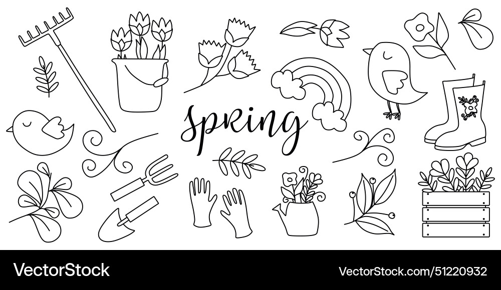 Set of doodle spring elements coloring book Vector Image