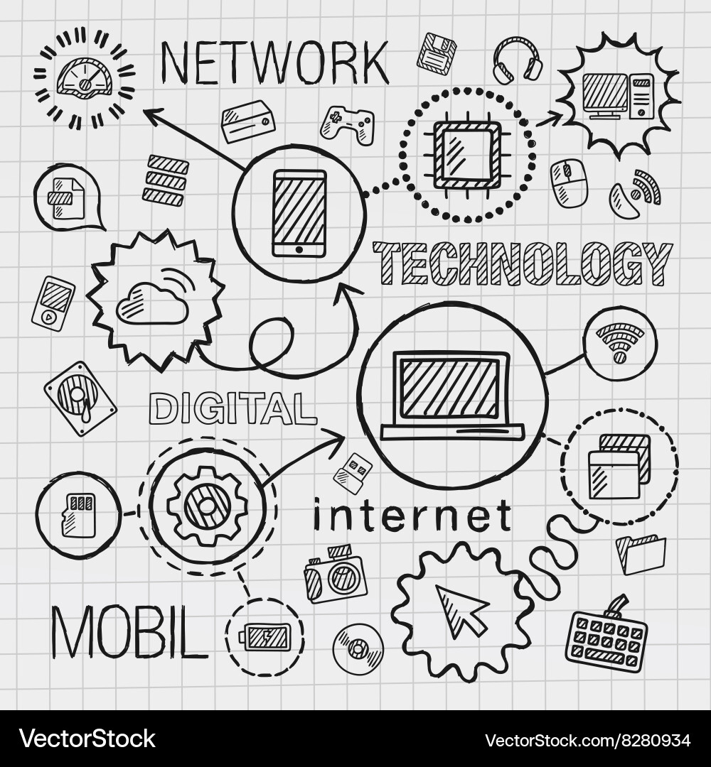 Technology hand draw integrated icons set Vector Image