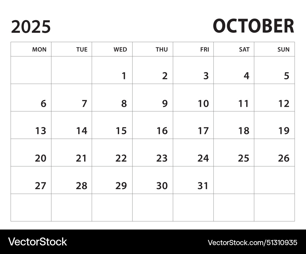 Calendar 2025 template - october 2025 Royalty Free Vector